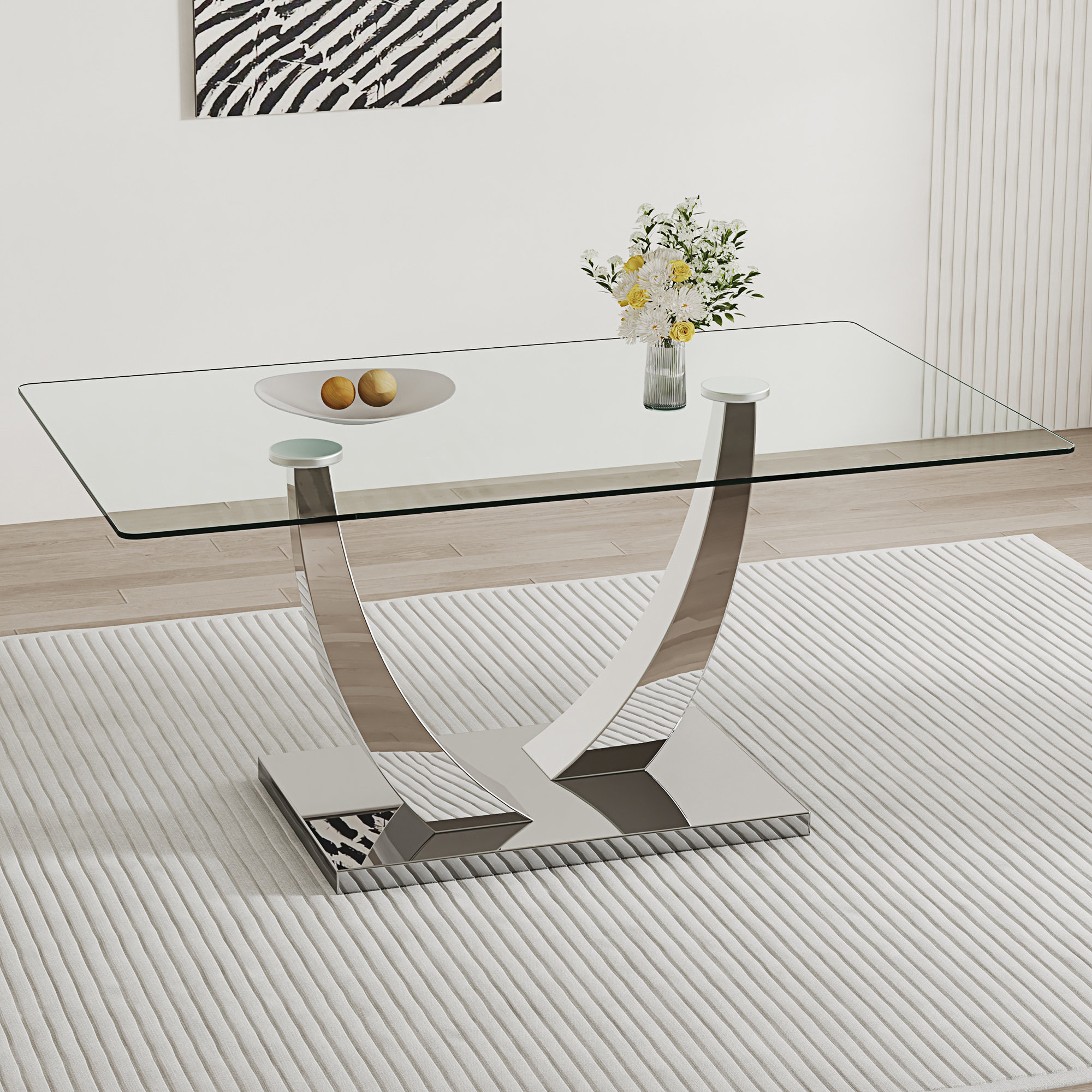 Ivy Bronx Large Modern Minimalist Rectangular Glass Dining Table For 6-8 People With 0.4 ...